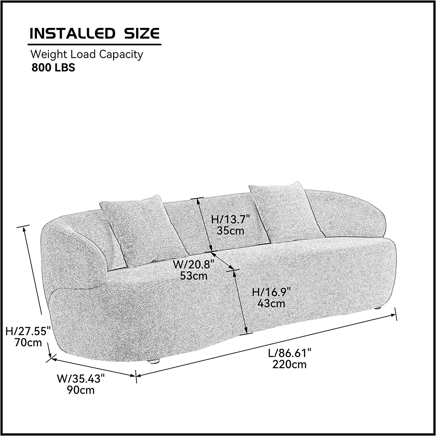Curved Sofa Couch, 86.6" 3-Seater Modern Boucle Sectional Sofa Couch, Comfy Cloud Upholstered 3 Seat Leisure Cushion Sofa with Pillows for Living Room, Bedroom, Office, Apartment,Brown