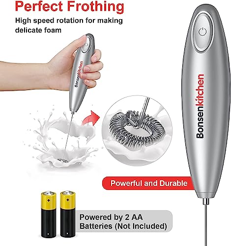 Bonsenkitchen Milk Frother Handheld, Automatic Milk Foam Maker Hand Frother for Coffee, Matcha, Hot Chocolate, Battery Operated Mini Drink Mixer-Silver
