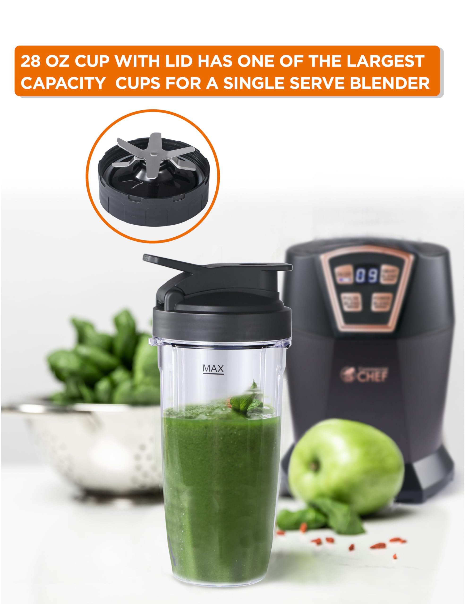 COMMERCIAL CHEF Personal Blender with 3 Modes, Blender for Smoothies, Shakes & More with 6 Stainless Steel Blades, 1000W Small Blender with LED Display