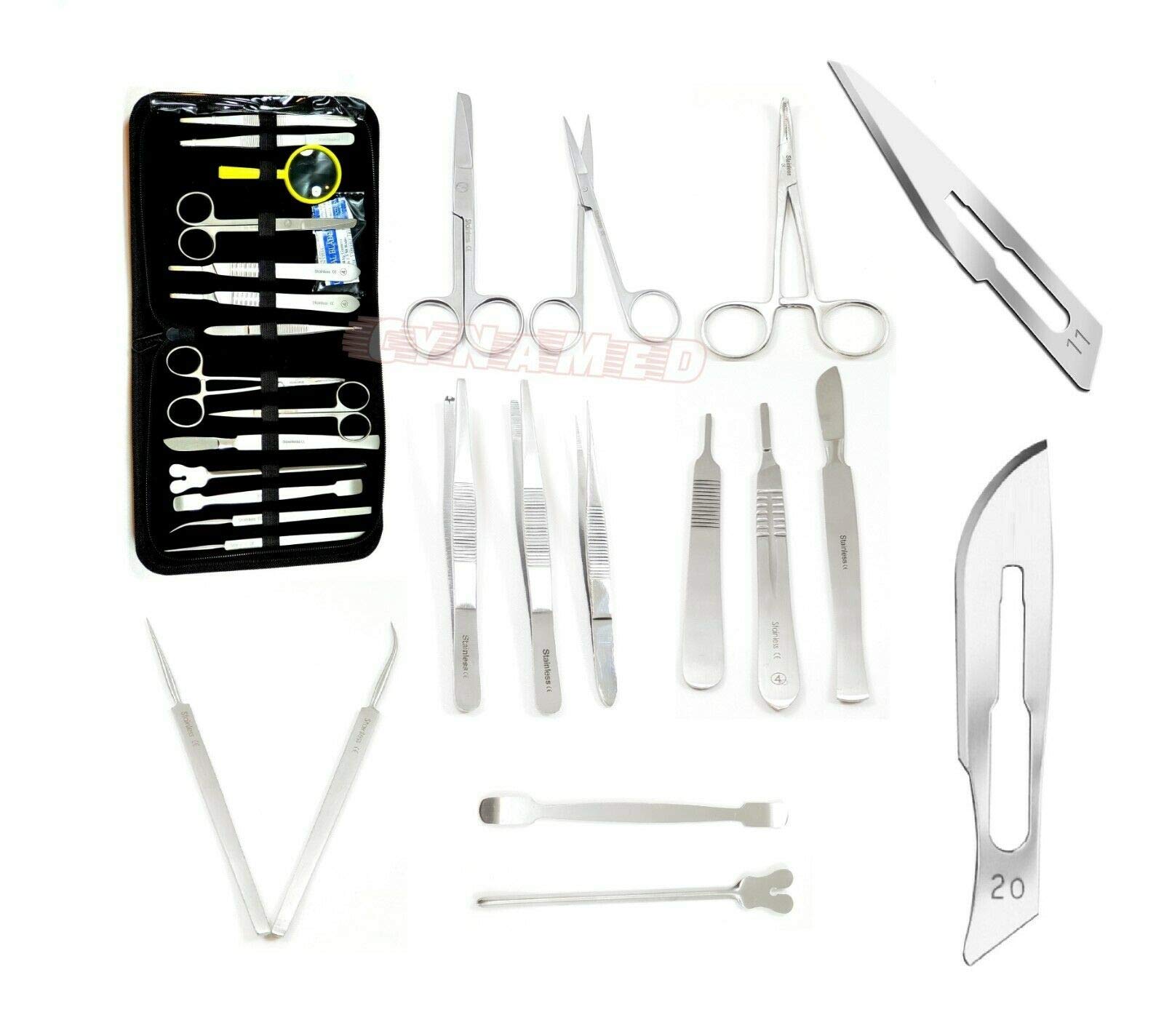 Cynamed 44Pcs Advanced Dissection Dissecting Kit -Biology & Veterinary Students- Anatomy Lab Botany Animal Frog Etc Dissecting Kit. Stainless Steel Scalpel Knife Handle-30 Blades (Zipper Case)