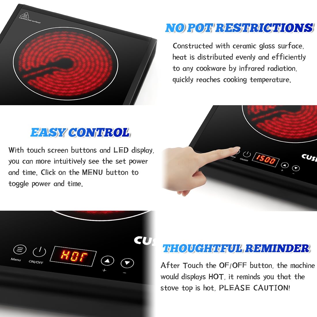 CUSIMAX 1500W Hot Plate Electric Stove with LED Display, Portable Infrared Electric Burner Ceramic Cooktop, Adjustable 15 Power and Time 2h, Compatible with All Cookware