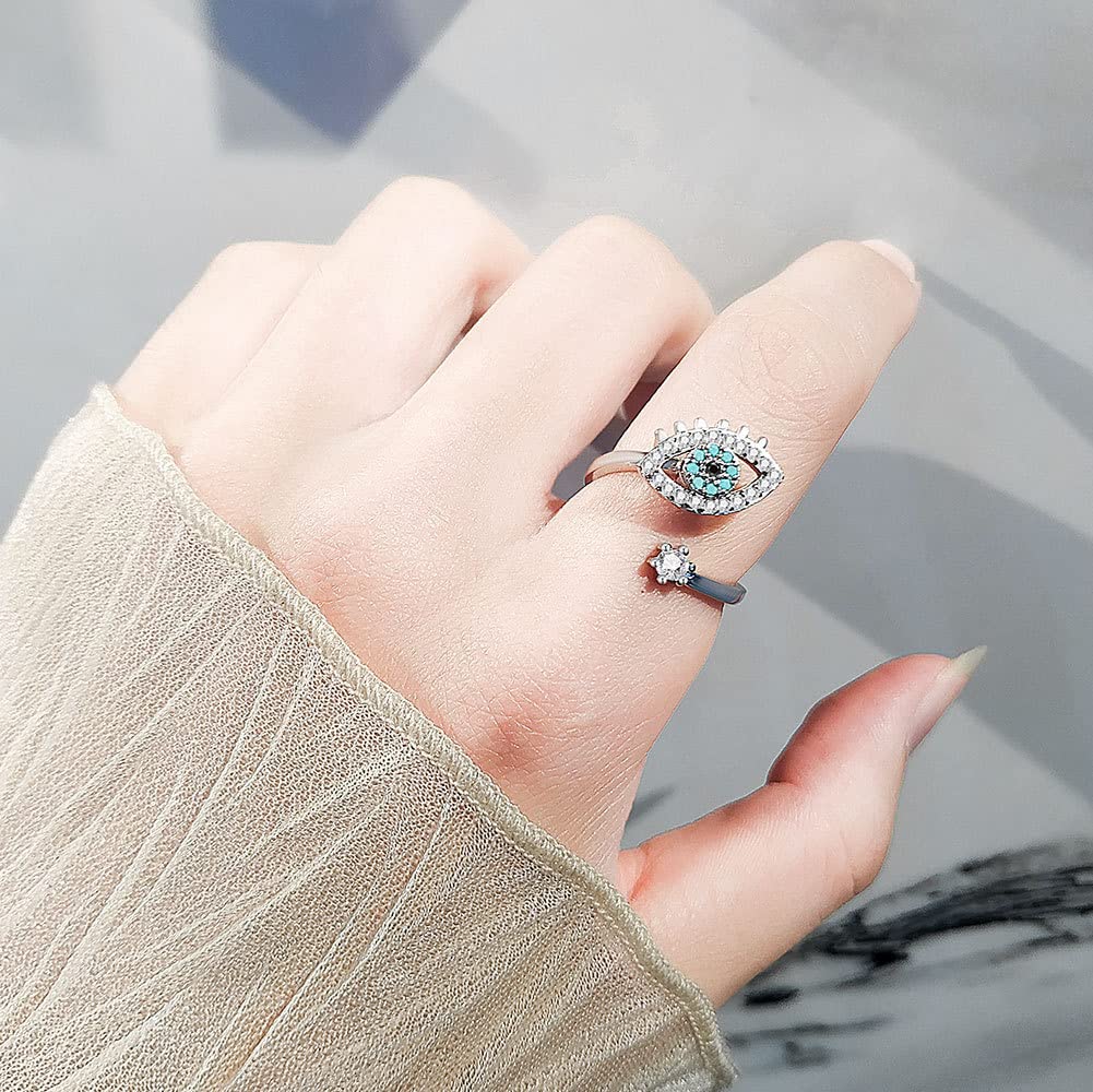 Bule Evil Eye Fidget Anxiety Rings for Women Sterling Silver Plated CZ Rotate Freely Spinner Stress Relief Open Stacking Finger Ring Eternity Promise Statement Fashion Cubic Zirconia Protection Good Lucky Calming Jewelry Gifts Birthday