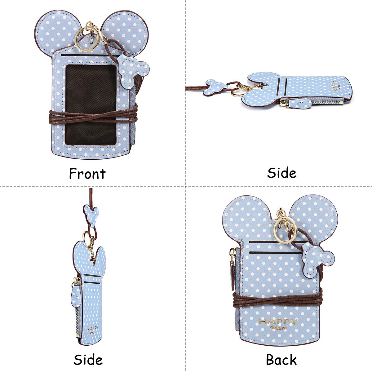 JOSEKO Women Cute Animal Shape Neck Bag Wave Dot Card Holder Lanyard Wallet Coin Purse Sky Blue 5.51''x 0.59''x 2.95''(L x W x H)