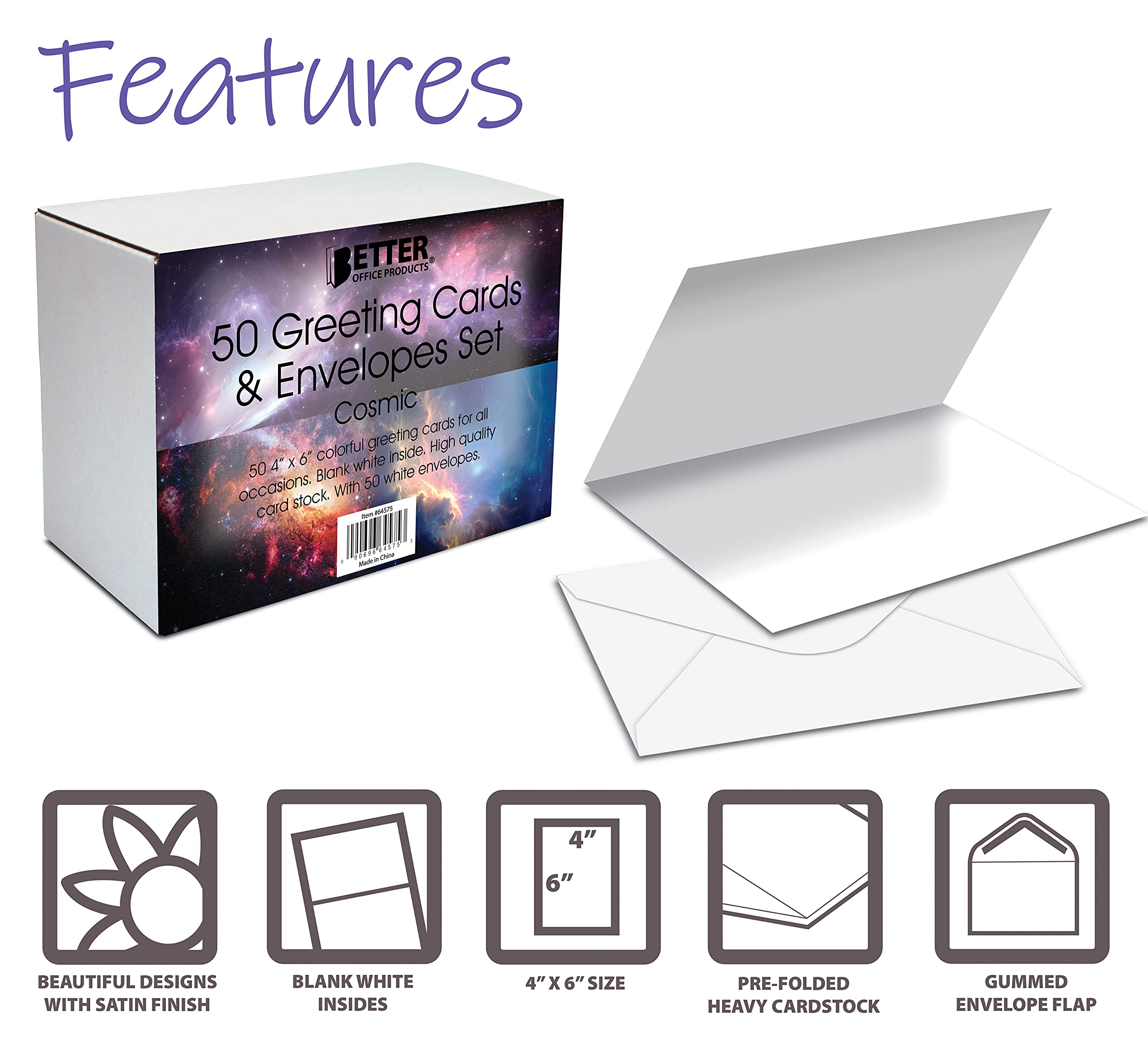 Better Office Products 50-Pack All Occasion Greeting Cards Box Set, 4 x 6 inch, 50 Assorted Blank Note Cards & 50 Envelopes, 6 Cosmic Galaxy Designs, Blank Inside, 50 Pack