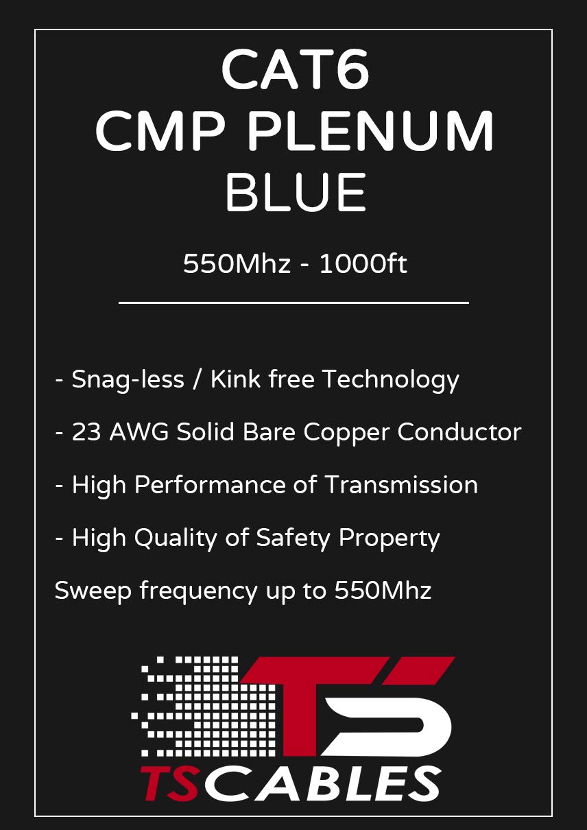 TSCables | Cat6 Plenum (CMP) 1000ft Cable, 23AWG | 100% Solid Bare Copper | 550MHz, PoE++ (4PPoE) | Unshielded Twisted Pair (UTP) Bulk Ethernet Cable, Available in 10 Colors