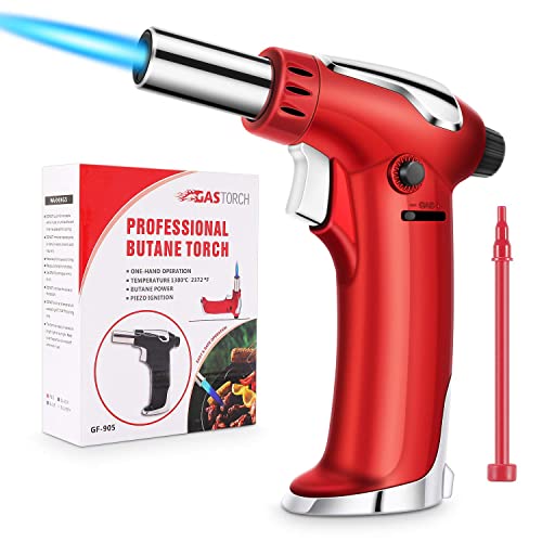 Butane Torch, Vimzone Torch Lighter with Safe Lock, Adjustable Flame Blow Torch, Fit All Butane Tanks Kitchen Torch for BBQ, Baking, Brulee Creme, and Desserts (Butane Gas Not Included) Red…