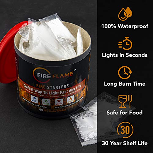Fireflame Quick Instant Fire Starter - 100% Waterproof All-Purpose Indoor & Outdoor Firestarter, for Charcoal Starter, Campfire, Fireplace, BBQ - Odorless and Non-Toxic - 60 Pouches in Canister