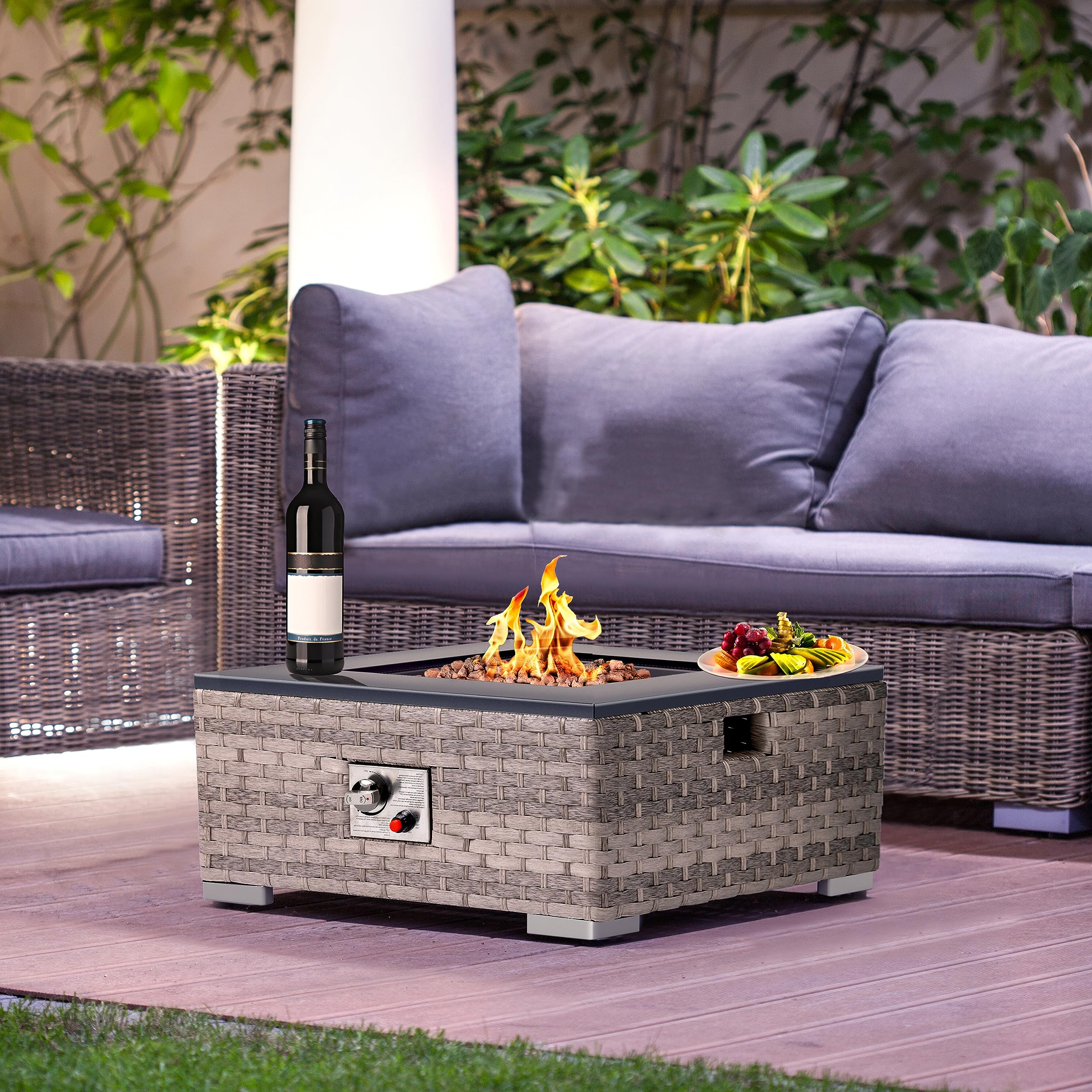 AUSROMASHO 24'' Outdoor Fire Table 50,000 BTU Fire Table with Brown Wicker Rattan Gas Firepit Table 2 in 1 Fireplace for Outdoor, Patio Backyard W/Lid and Lava Stone (Grey)