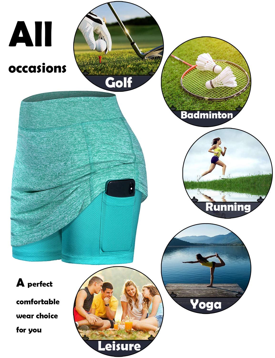 BLEVONH Womens Summer Tennis Skirts with Shorts Underneath, Pickleball, Athletic, Workout and Golf Skorts with Pockets Turquoise XX-Large