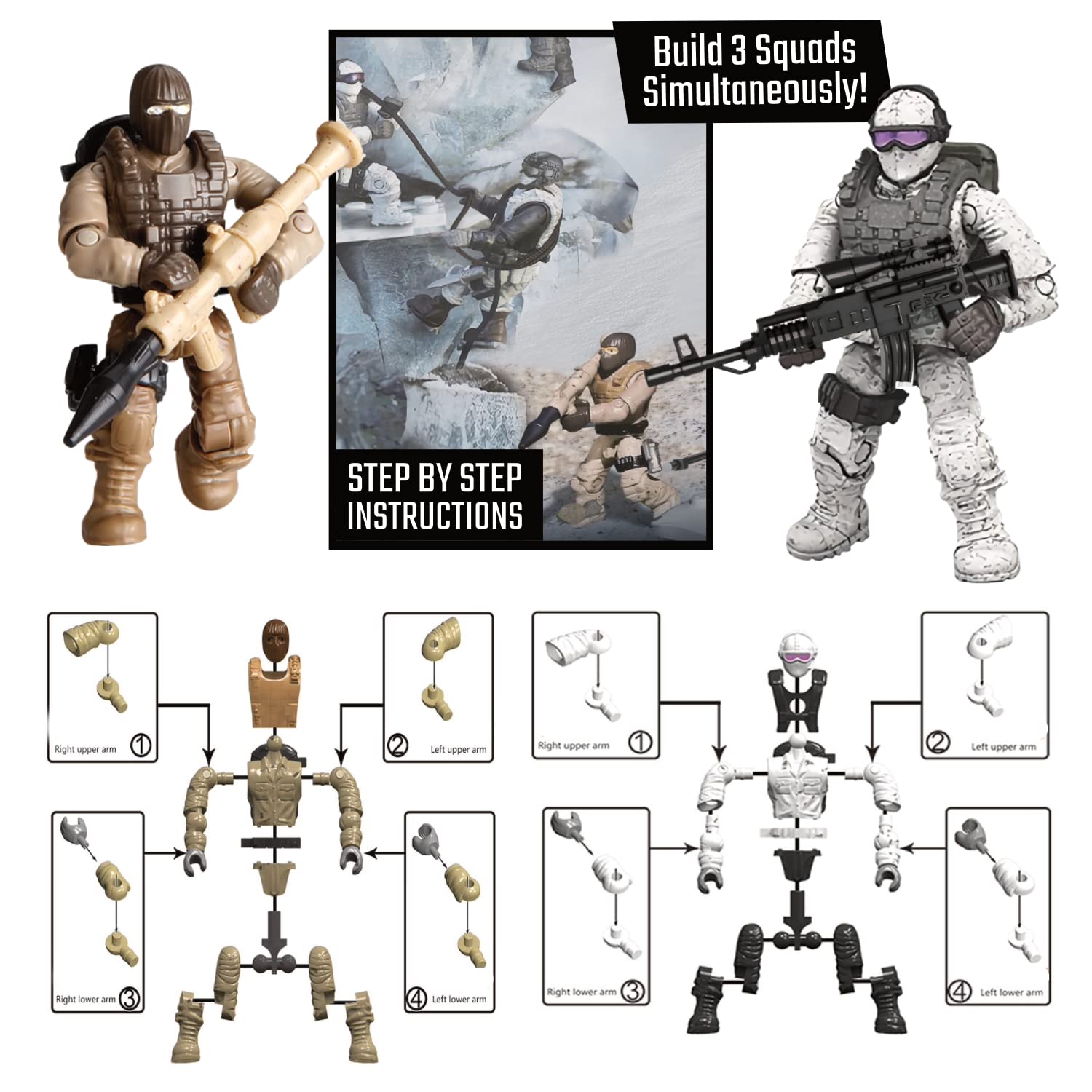 Special Forces Mini Action Figures Includes 3 Army Building Sets with 9 soldiers Arctic Troopers Snowmobile Scout Desert Squad Special Troops Toy Gifts 10+ Kids & parents - Quality Family Time 403 Pcs