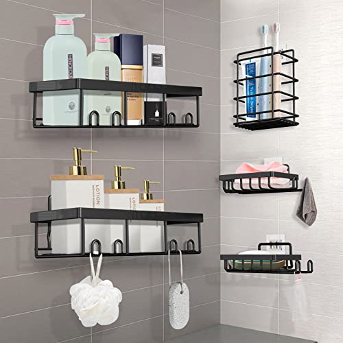 Homarkable Shower Caddy 5-Pack, Self Adhesive Bathroom Shower Organizer, Wall Mounted Bathroom Shower Rack with Soap Holder and ToothBrush Holder, Shower Shelves for Inside Shower, Kitchen (Black)