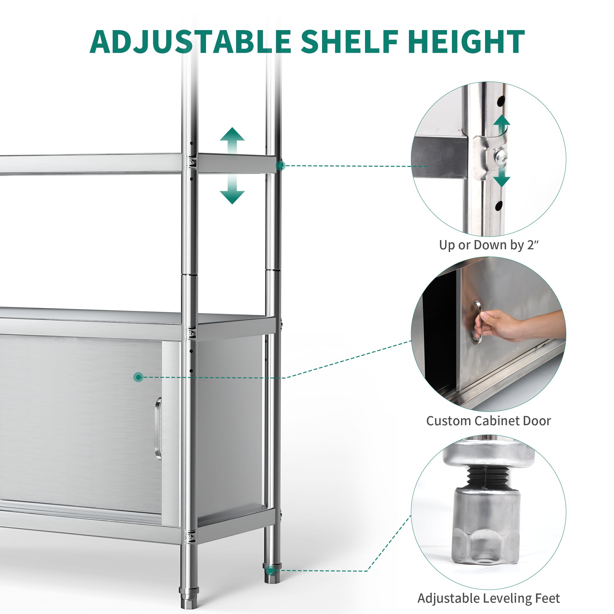 YITAHOME NSF Stainless Steel Shelves, 48"*18"*60" 4 Tier Storage Shelf with Cabinet, Heavy Duty Shelving for Kitchen Garage Office Restaurant Warehouse, 201 Bright Silver