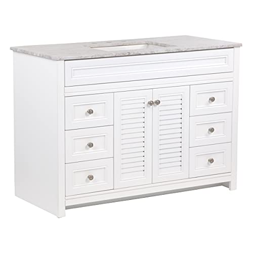 Spring Mill Cabinets Rillette Bathroom Vanity with 2-Door Cabinet, 4 Drawers, and Silver Ash Countertop with Integrated White Sink, 49" W x 22" D x 35.5" H, White