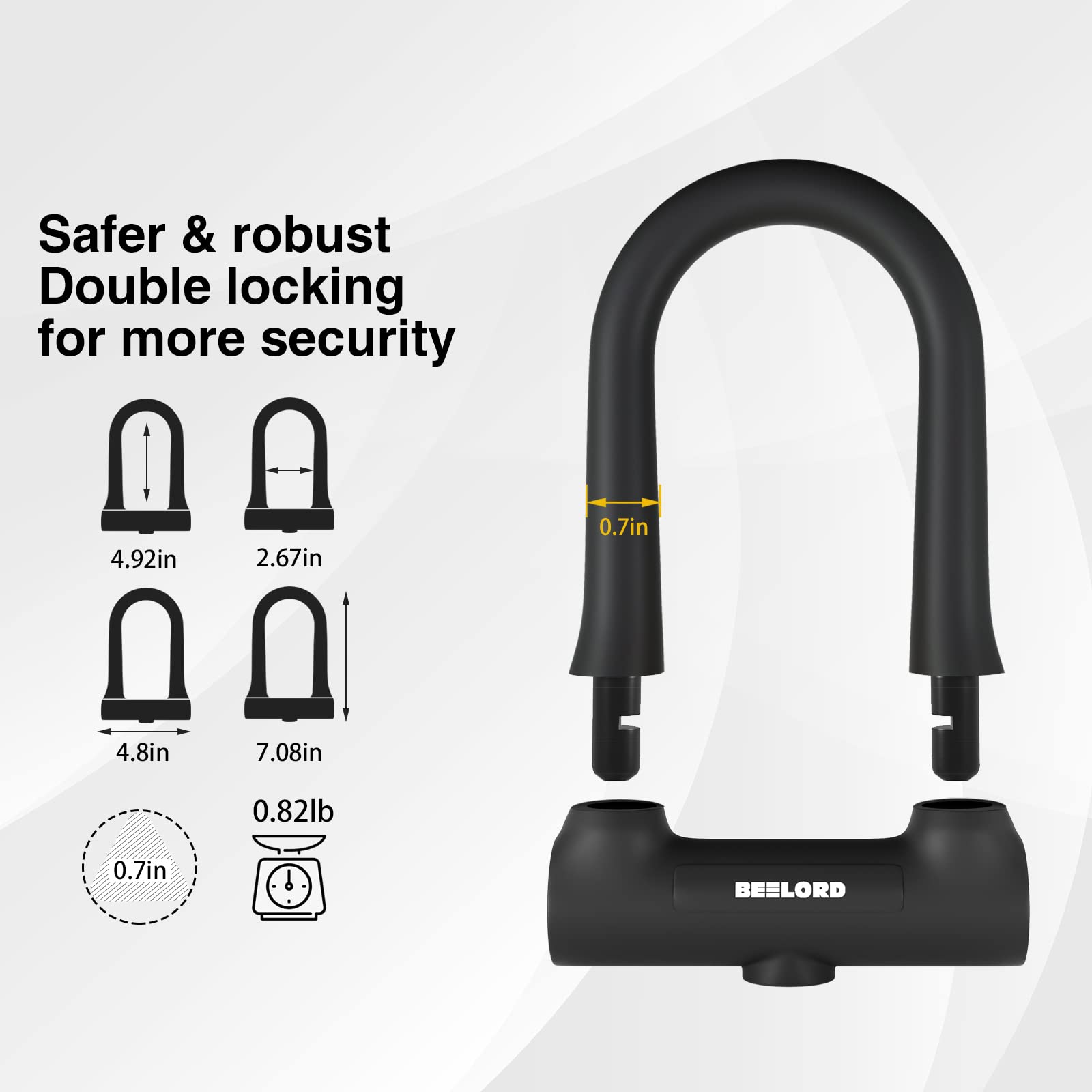 BEELORD Bike U-Lock, Heavy Duty Anti-Theft Bicycle U Lock, 18mm Shackle with Keys, Security Lock for Bicycles, E-Bikes, Scooters