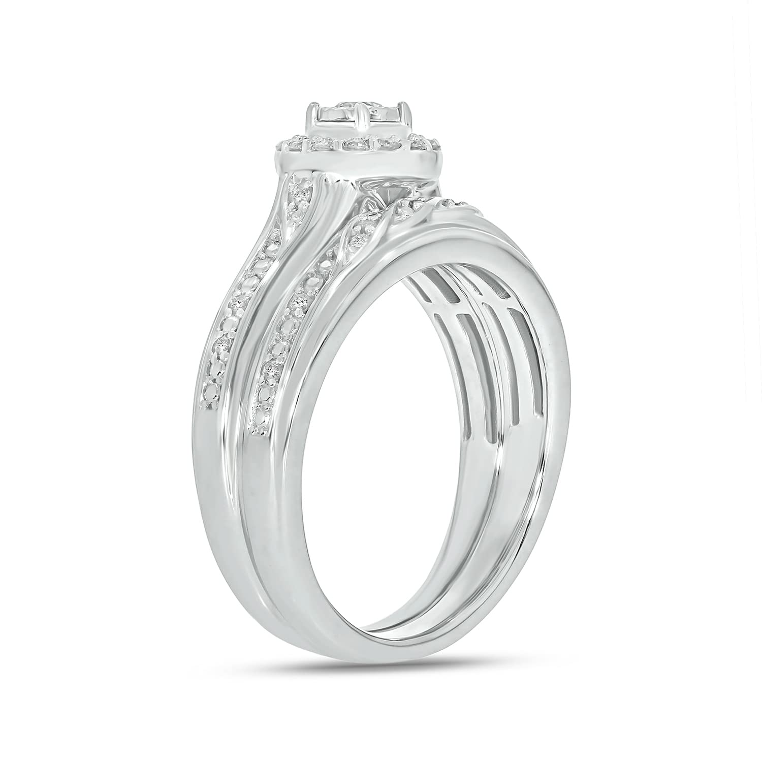 Cali Trove, 1/4cttw Diamond Halo Engagement Ring with Matching Diamond Wedding Band for Women in 925 Sterling Silver, Women's Silver Round Halo Wedding Ring Set with Diamond Accented Bands,7