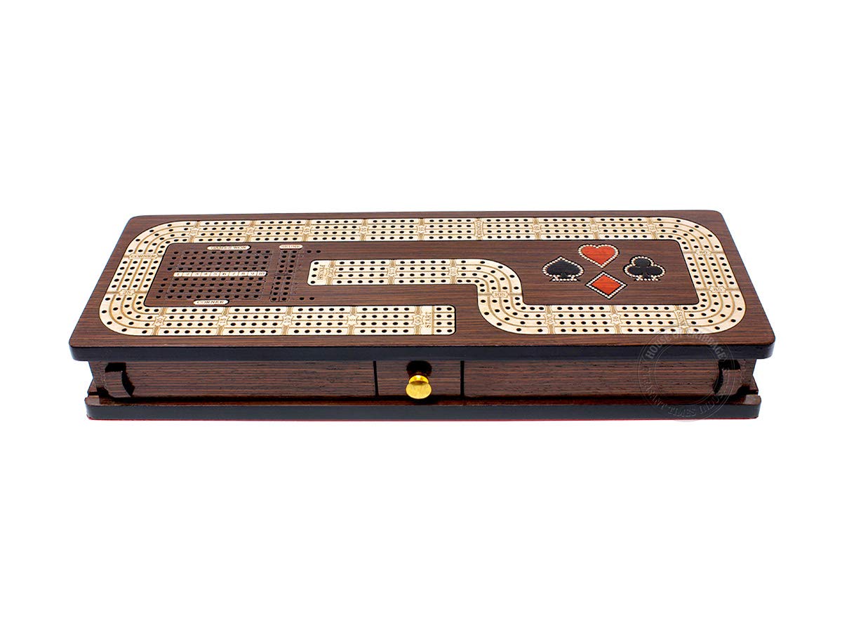 House of Cribbage - Continuous Cribbage Board/Box Inlaid in Wenge Wood/Maple : 4 Track - Cards & Pegs Storage Drawer with Score Marking Fields for Skunks, Corners and Won Games