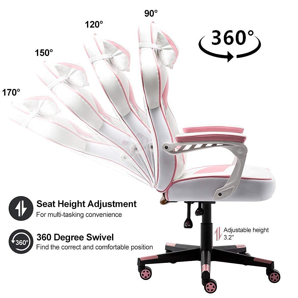Bonzy Home Gaming Chair Office Chair High Back Computer Chair PU Leather Desk Chair PC Racing Executive Ergonomic Adjustable Swivel Task Chair with Headrest and Lumbar Support (Pink)