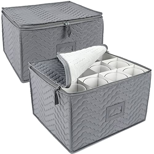 LotFancy Stemware Storage Containers, 2-Pack, Deluxe Quilted Storage Case with Dividers for 24 - Wine Glasses, Champagne Flutes, Glassware, Drinkware Storage Box Chest, 15.5”x12.5”x 10”, Gray
