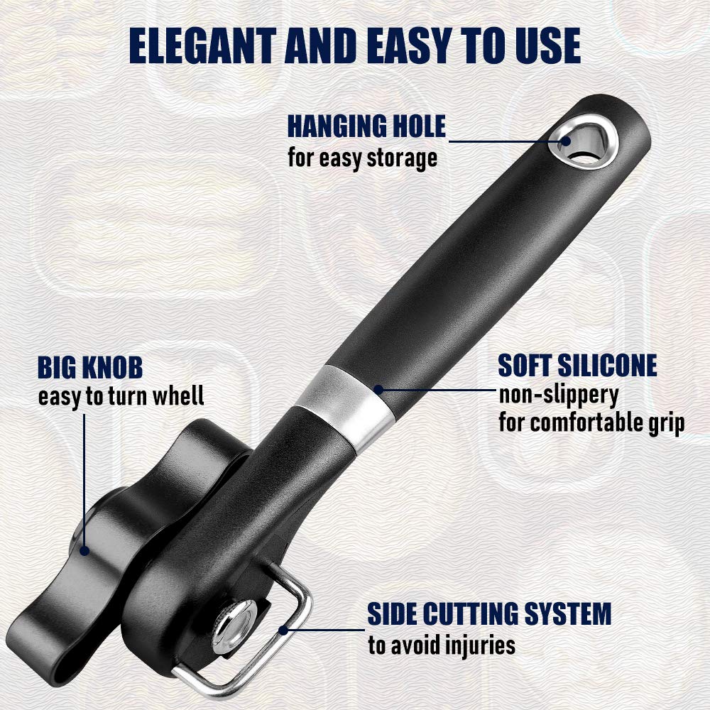 Can Opener,Safe Cut Manual Can Opener ,Ergonomic with Anti Slip Grip Handle,with Corkscrew Opener--Easy Turn Knob,Ideal for Seniors and Arthritis--Apply to Various cans