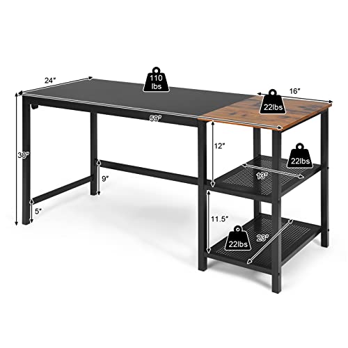COSTWAY 59” Computer Desk, with 2 Removable Storage Shelves, Industrial Writing Workstation with Headphone Hook, for Home Office, Gaming Desk (Black)