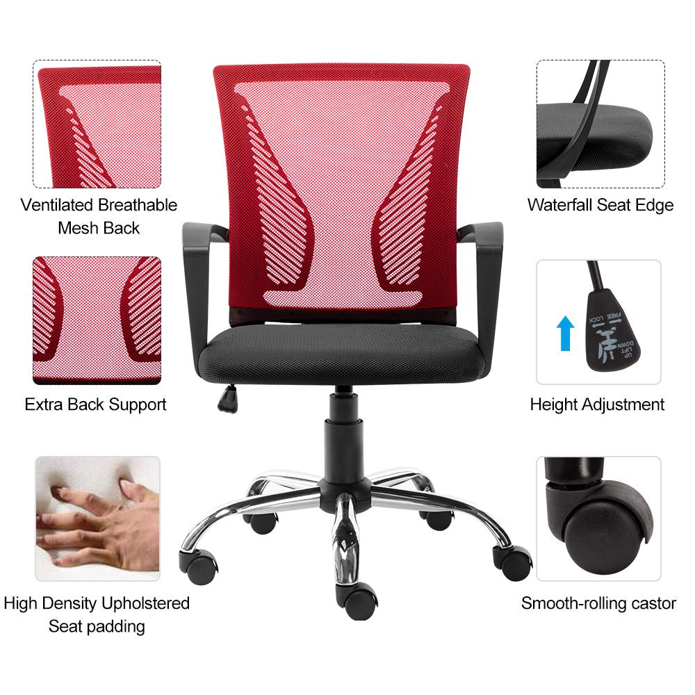 Bonzy Home Mid Back Office Chair - Lumbar Support Computer Chair - Ergonomic Mesh Desk Chair - Modern Adjustable Rolling Swivel Chair (Red & Black)