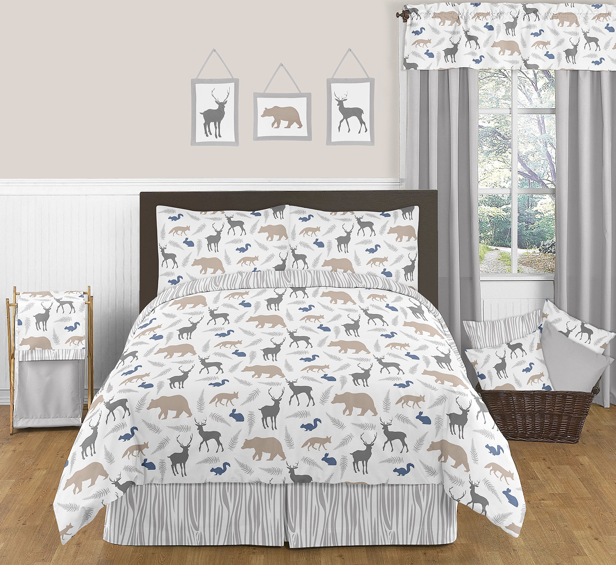 Sweet Jojo Designs Blue Grey and White Woodland Animals Bear Deer Fox Full Length Double Zippered Body Pillow Case Cover