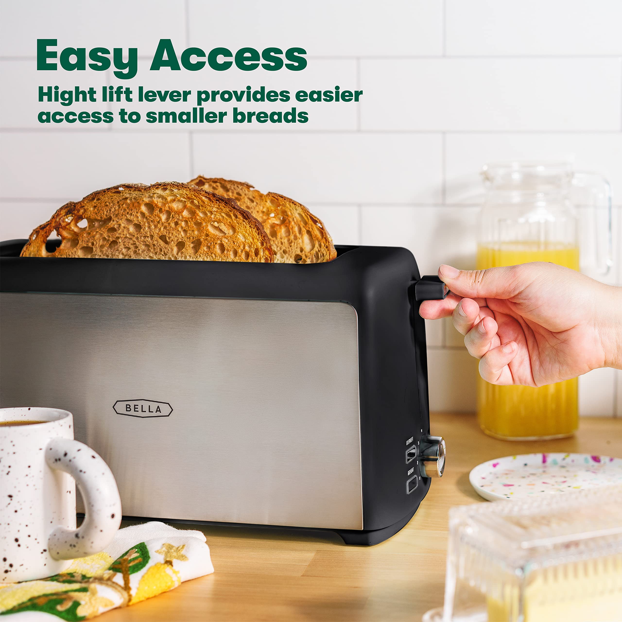 BELLA 4 Slice Toaster, Long Slot & Removable Crumb Tray, 7 Shading Options with Auto Shut Off, Cancel & Reheat Button, Toast Bread & Bagel, Stainless Steel & Black