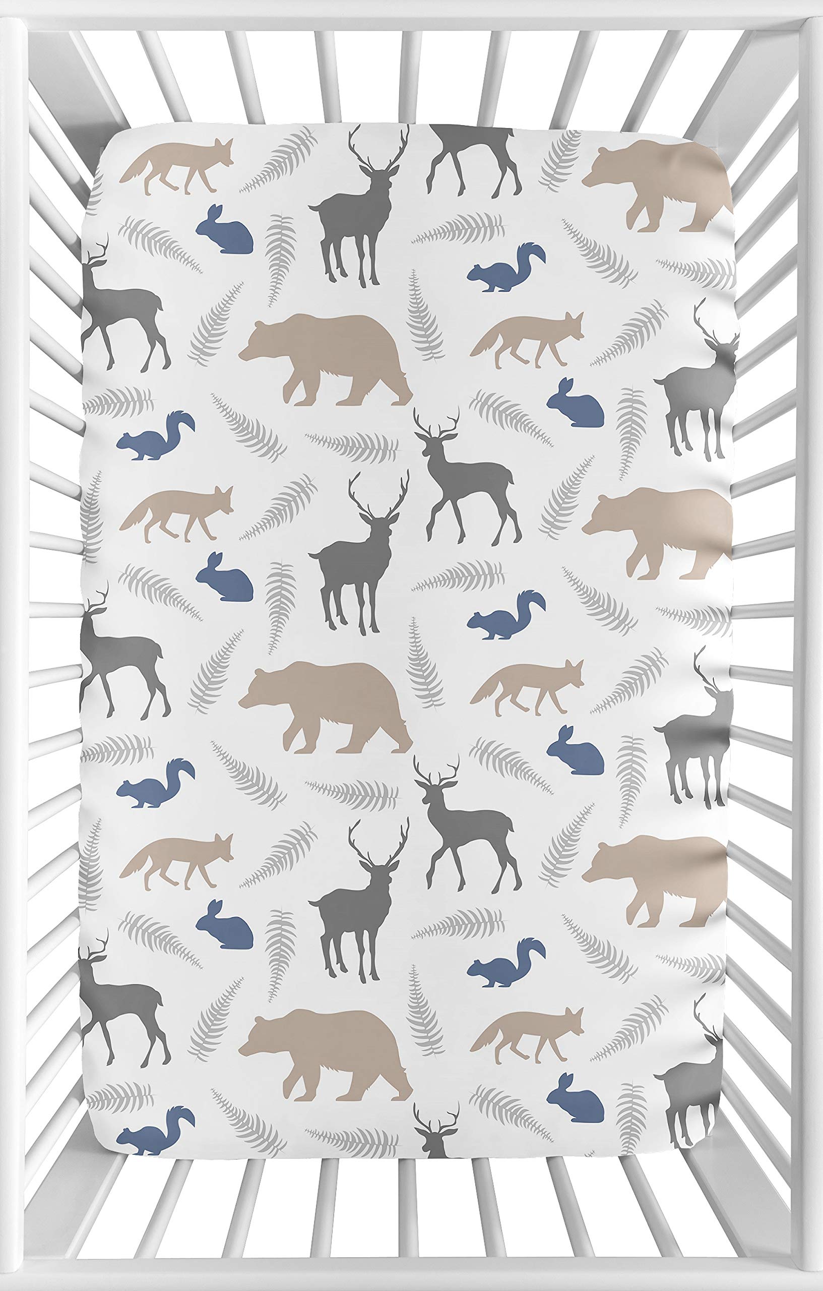 Sweet Jojo Designs Grey and Blue Baby Boy Fitted Mini Portable Crib Sheet for Woodland Animals Collection - for Mini Crib or Pack and Play ONLY