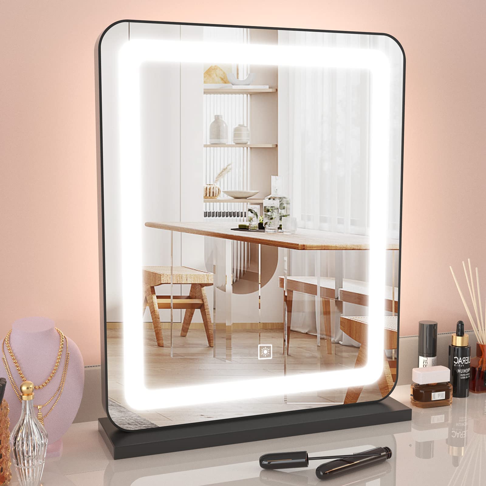 BARMI Vanity Mirror with Lights,18"x22" Lighting Dimmable LED Mirror, 3 Color Lighting Modes, Tabletop Vanity Makeup Mirror Smart Touch Control (Black)