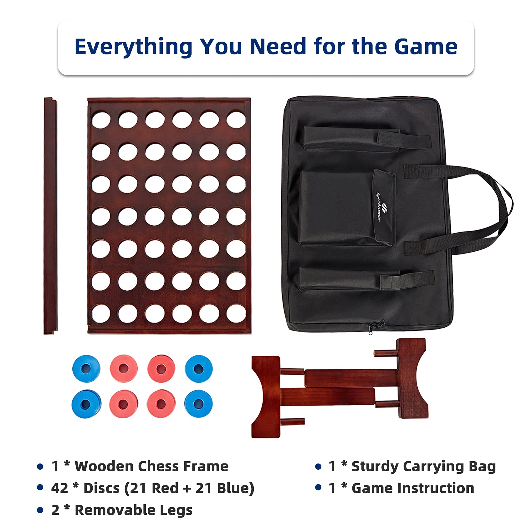 SpeedArmis Giant Wooden 4 in A Row Game - Fun Indoor and Outdoor Board Games for Teens, Includes 42 Pcs Dics and Carrying Bag