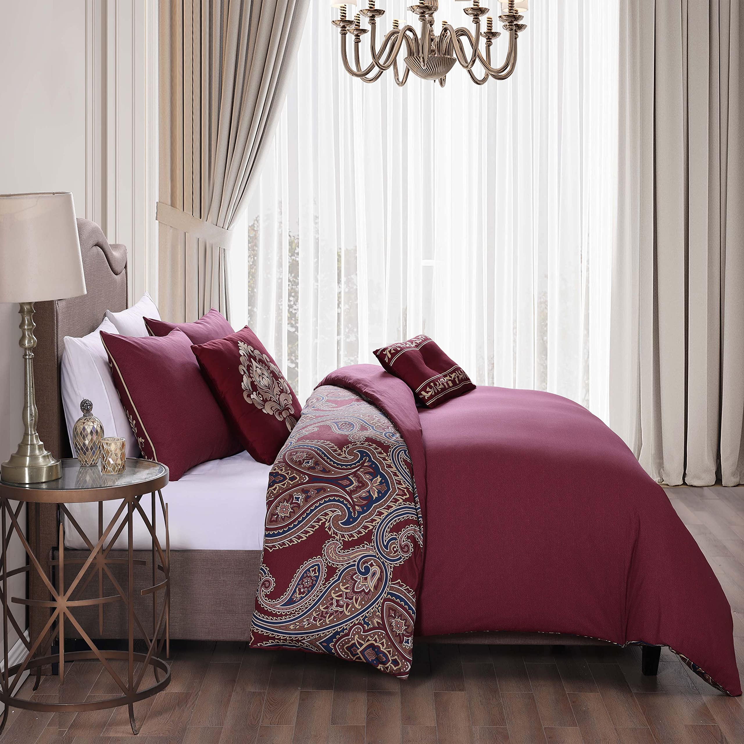 Bebejan Rossana Cotton 5 Piece Comforter Set | Teal, Gold, Beige, Terracotta Paisley Printed Pattern | Reversible | Cozy, Soft, Breathable | 1 Comforter, 2 Shams, 2 Pillows (Full/Queen)