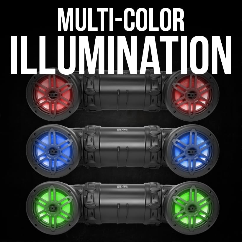 BELVA BPS8RGB UTV/ATV Weatherproof Sound System Dual 8β Speakers with 1β Tweeters, Built-in Amplifier, Bluetooth, Aux-in, Multi Color Illumination, Wireless Remote, Easy Installation
