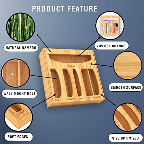 More2Store Ziplock Bag Storage Organizer Bamboo 6 in 1 Food Baggie Dispenser for Kitchen Drawer - Compatible with Gallon, Quart, Sandwich, Snack, Clip, and Marker