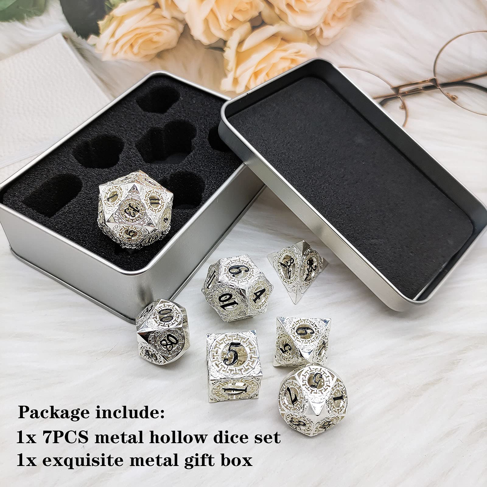 Metal Dice Set 7pcs DND - Table Game RPG Hollow Dice Silver and Black, with Metal Gift Box, Suitable for Dungeon and Dragon D&D MTG, Math Teaching, Polyhedron D4 D6 D8 D10 D10% D20