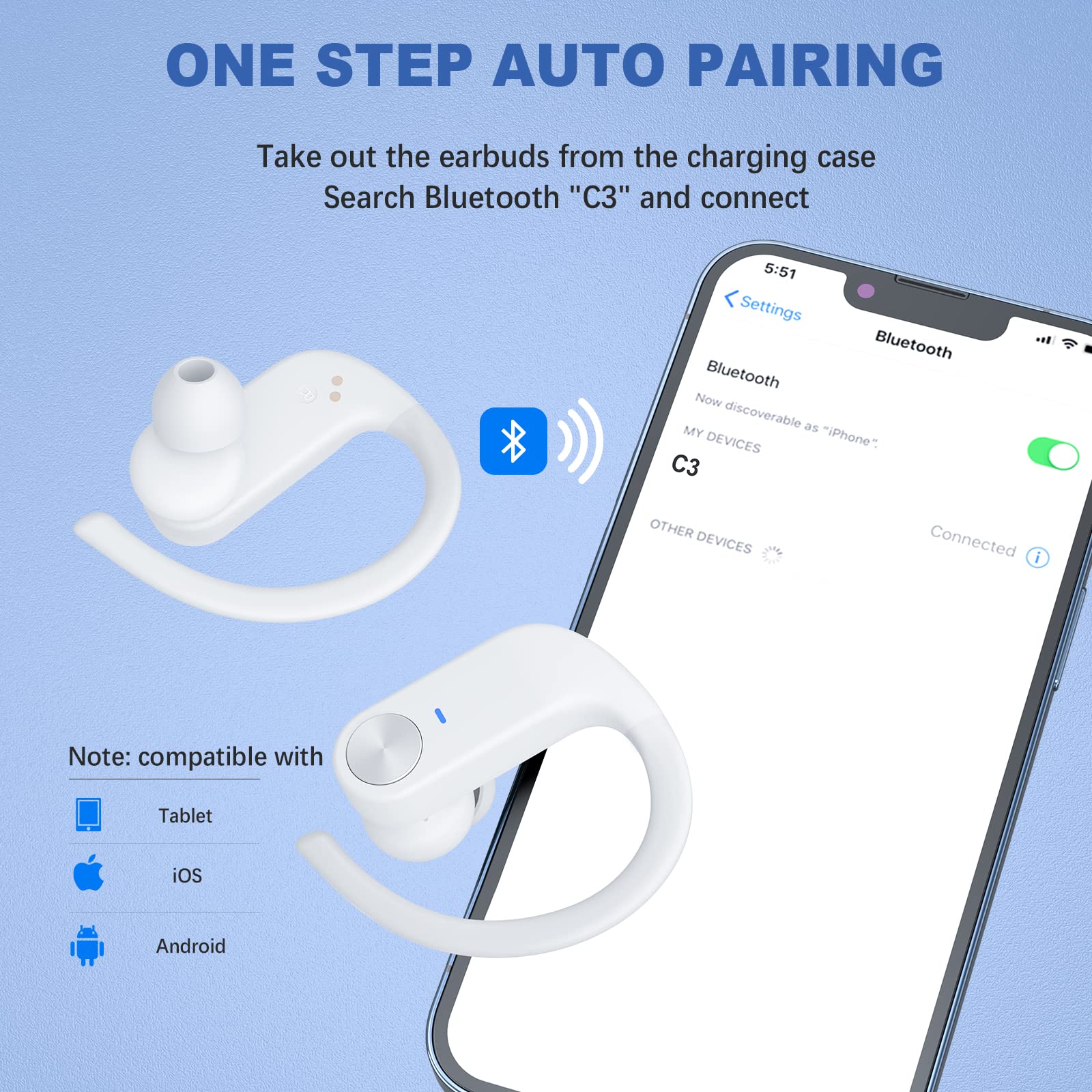 BEBEN Wireless Earbuds, 35H Playtime Bluetooth Headphones with Mics and Charging Case for iPhone Android, Waterproof Running Headphones for Gym Workout, Hi-Fi Sound Over Ear Buds with Earhooks-White