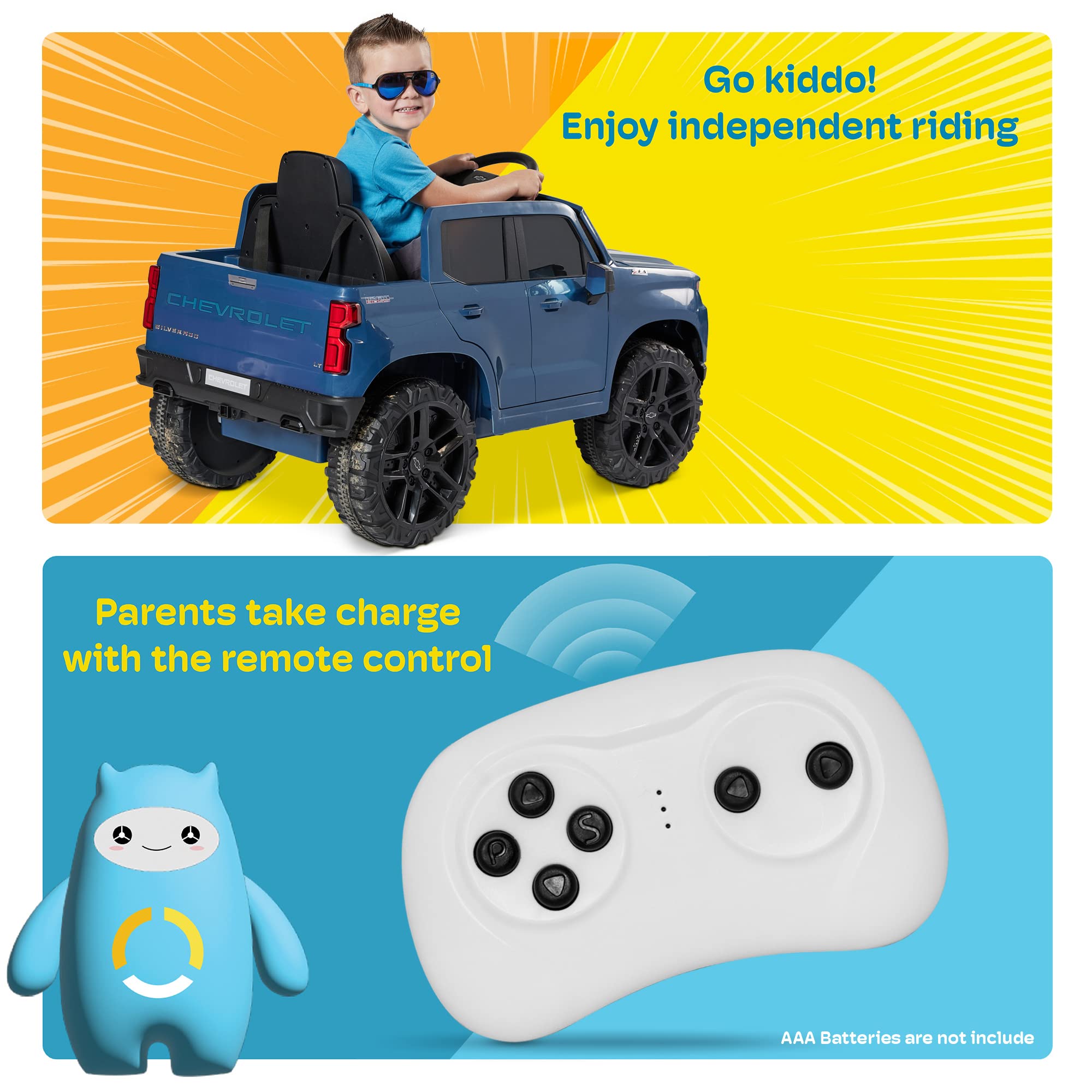 Kidzone 12V Battery Powered Licensed Chevrolet Silverado Trail Boss LT Kids Ride On Truck Car Electric Vehicle Jeep with Remote Control, MP3, LED Lights - Blue