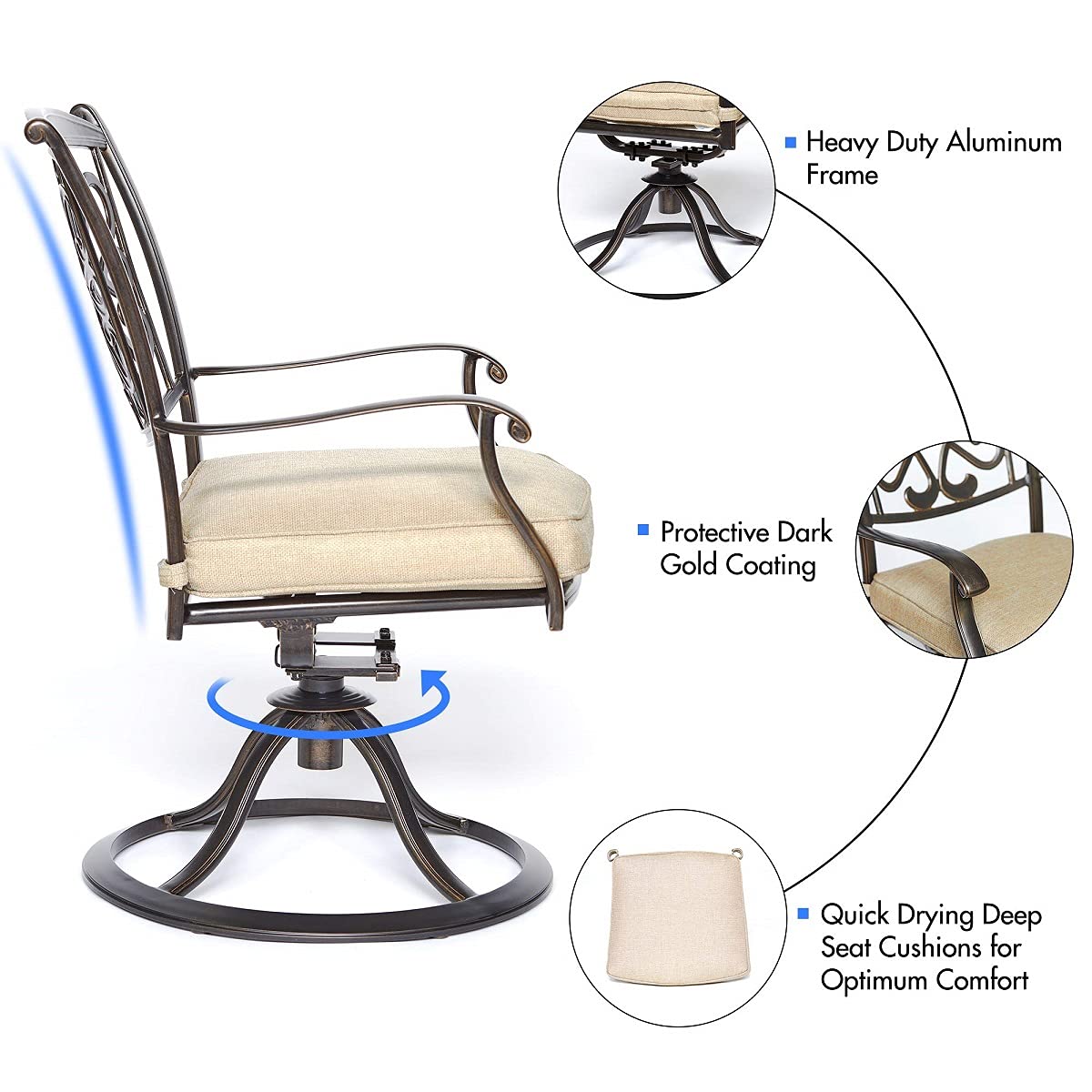 DALI 5 Piece Outdoor Dining Set Patio Furniture, Deep Cushioned Aluminum Swivel Rocker Chair Set with 48 inch Round Alum Casting Table