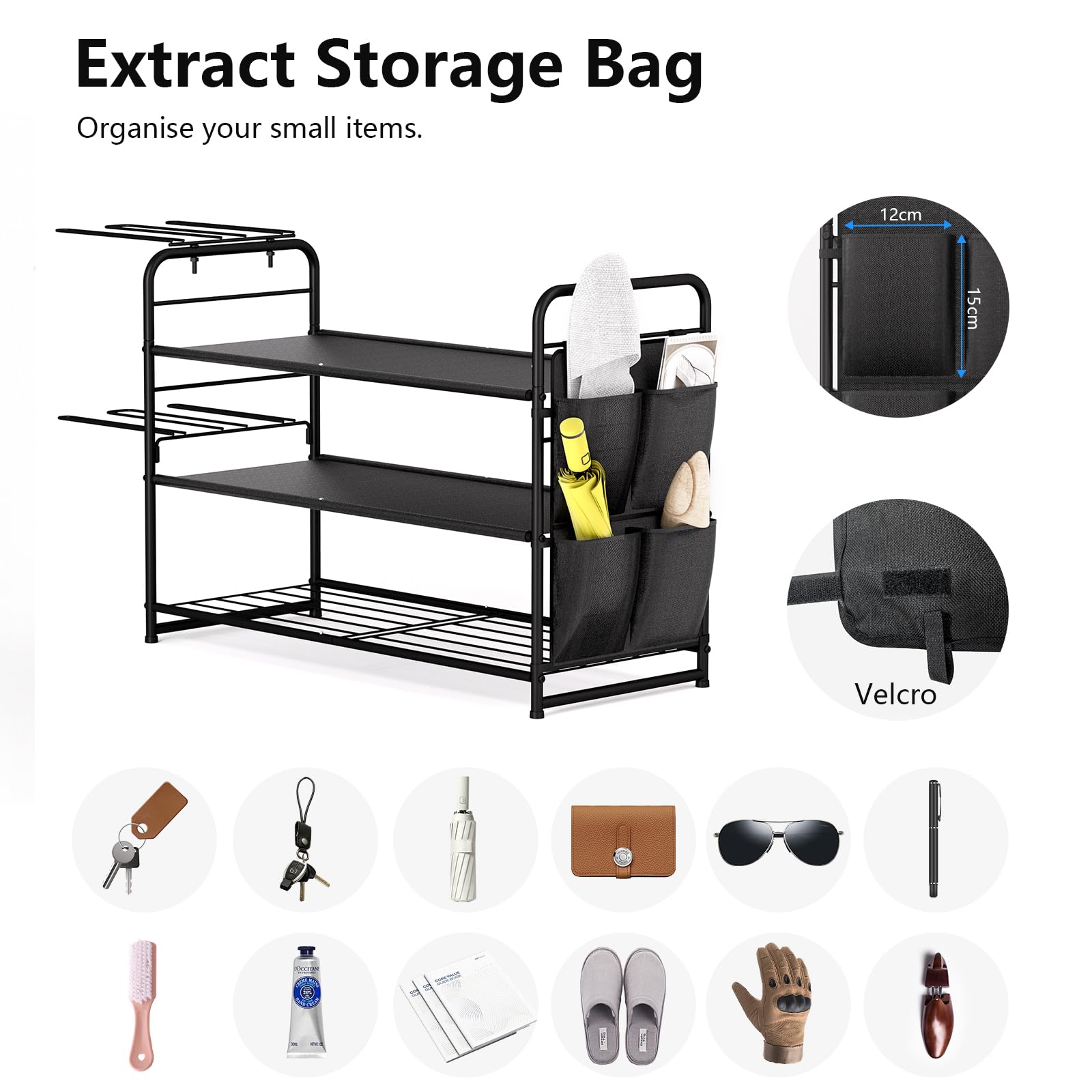 CLESOO Shoe Rack Storage Organizer 3-Tier Freestanding Metal Shoe Rack, Stackable Combination Shoe Rack with Side Pockets and Boot Organizer Rack Suitable for Entrances, Corridors, Garages