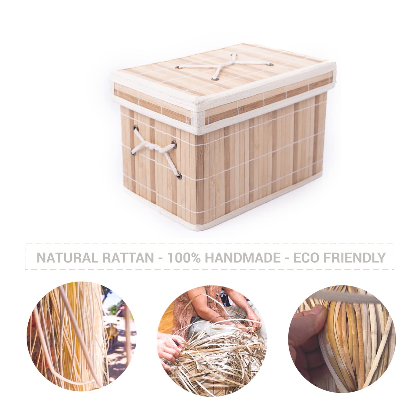 BEMIAO Foldable Bamboo Storage Organizer with Lid, Premium Fabric Wicker Bin, Storage Bin, Natural Basket for Closet, Nursery, Bedroom, Living Room, Light Brown