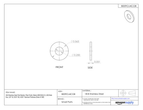 Small Parts 18-8 Stainless Steel Flat Washer, Plain Finish, Meets ANSI B18.22.1, 5/16" Hole Size, 11/32" ID, 11/16" OD, 0.065" Nominal Thickness (Pack of 100)