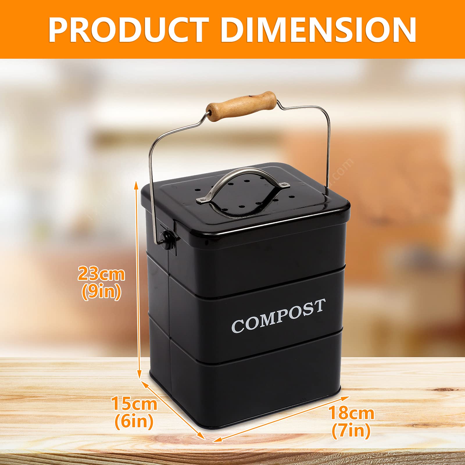 ayacatz Stainless Steel Compost Bin for Kitchen Countertop Compost Bin，1 Gallon, Kitchen Trash Can -Includes Charcoal Filter，Compost Bucket Kitchen Pail Compost with Lid-Black