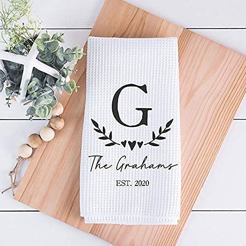 CANARY ROAD Custom Waffle Weave Dish Towel | Personalized Kitchen Towel | Housewarming Gift | Wedding Shower | Personalized Tea Towel | Hostess Gift | Engagement Present