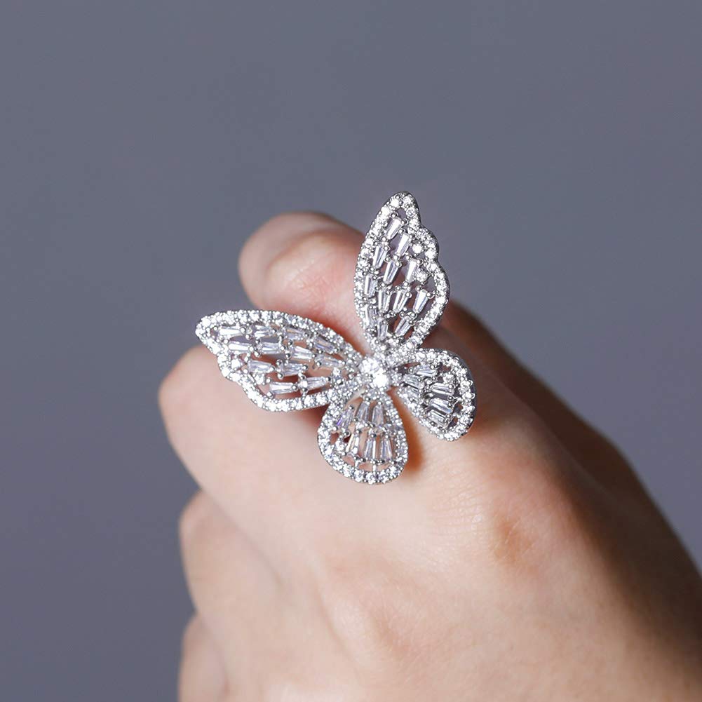 Ayaoch Sterling Silver Adjustable Butterfly Rings for Women Cubic Zirconia Ring Jewelry (silver)