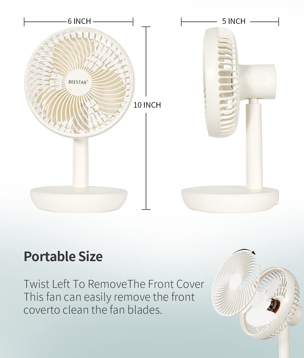 BEESTAR 6 Inch Battery Powered Fan,2000mAh Rechargeable Fan 4 Speed Adjustable Strong Wind,Desk Fans Small Quiet with Usb Charging Cable,Tilt Design,Fan For Office Bedroom Desktop Camping (White)
