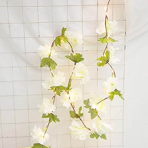 Mhuan 2.2m 25 Lights Simulation White Cherry Blossom Wisteria Flower Rattan String Light Artificial Flower Decorative Atmospheres String Lights for Home Garden Festival Wedding Party Decor