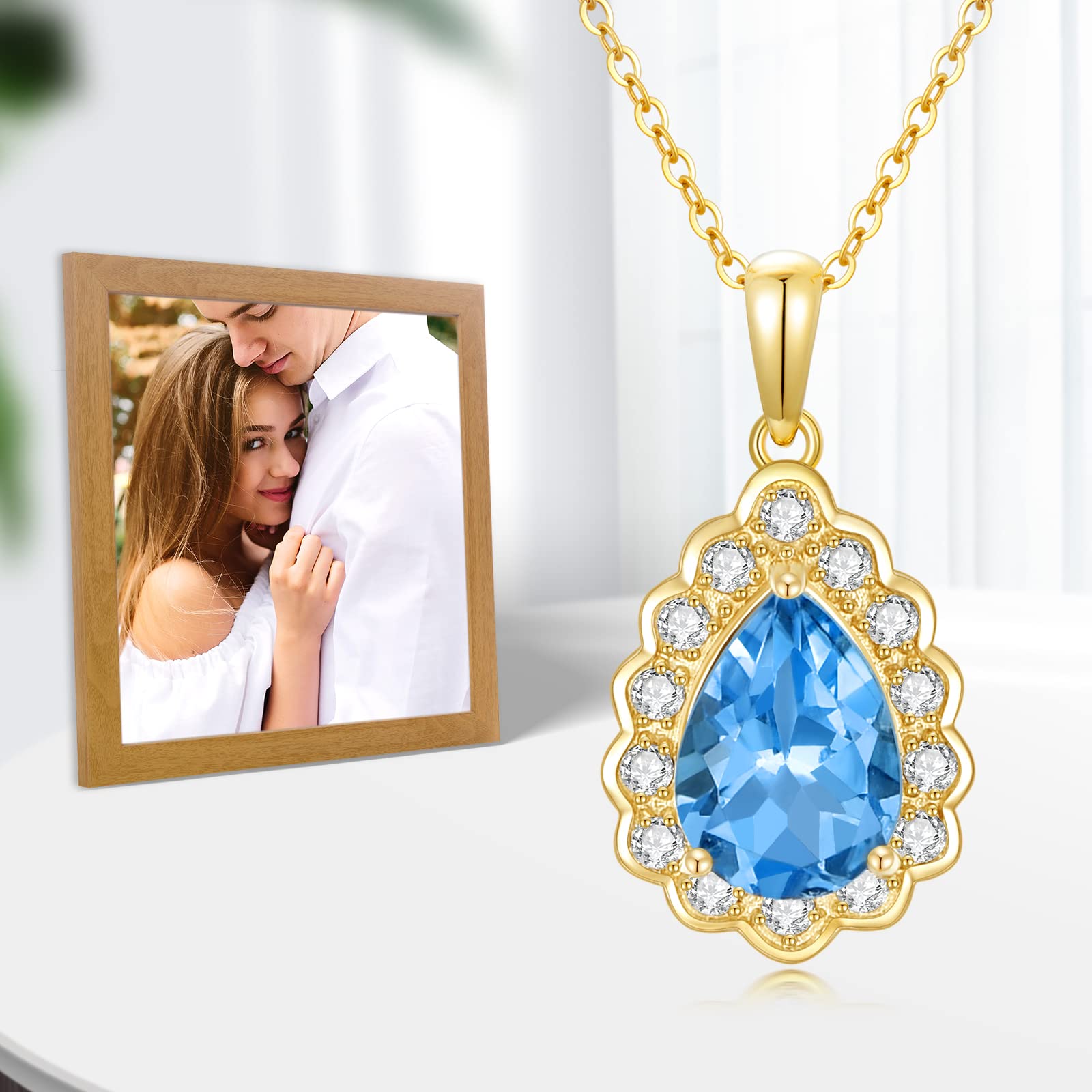 Ayafee 14K Real Gold Blue Topaz Necklace Sparkling Gemstone Pendant Elegant and Timeless Jewelry Gift for Women
