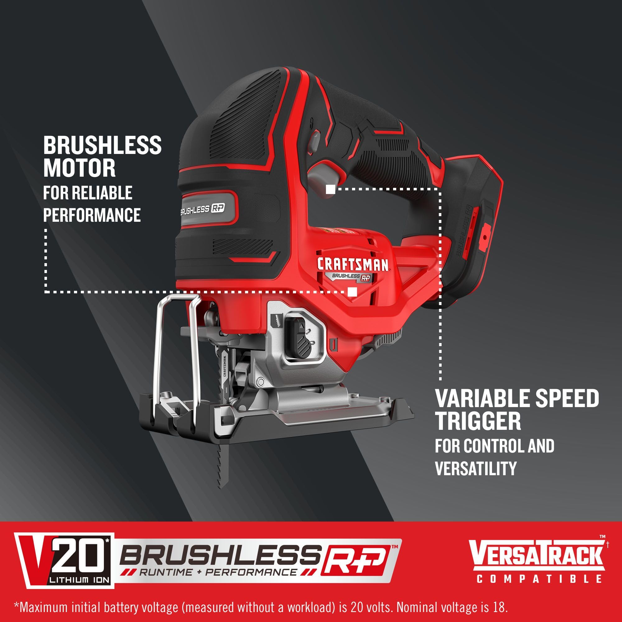CRAFTSMANÂ V20 RP Cordless Jig Saw, 3 Orbital Settings, Up to 3,200 SPM, Variable Speed Keyless, Bare Tool Only (CMCS650B)