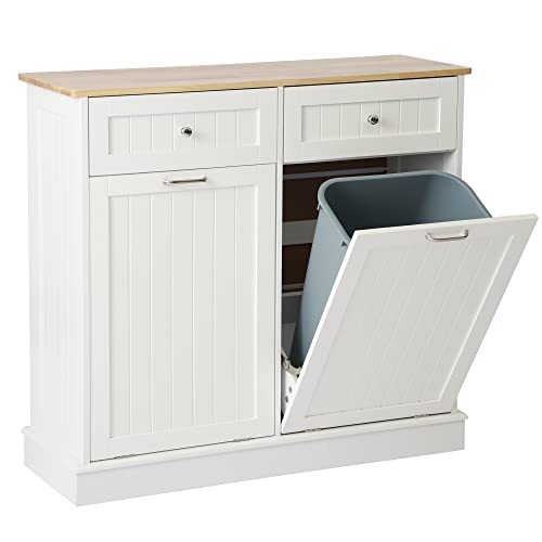 LOUVIXA Tilt Out Trash Can Cabinet Dog Proof with Double Wood Hidden Holder, Kitchen Free Standing Recycling Cabinet(White)