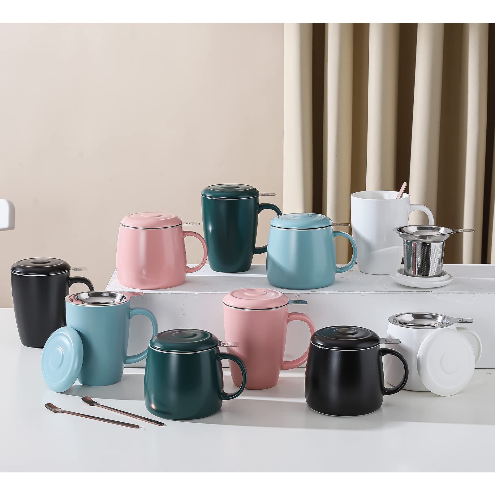Candiicap Ceramics Tea Cup with Loose Leaf Infuser, Spoon and Lid, 13oz, Large Tea infuser Mug for Tea, Coffee, Milk-Microwave and Dishwasher Safe(13oz,Matte Green)