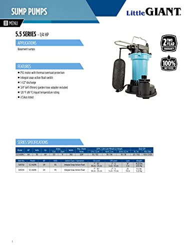 Little Giant 5.5-ASPA 115-Volt, 2100 GPH, 1/4 HP Automatic Aluminum Sump Pump with Snap-Action Float Switch and 10-Ft. Cord, Blue or Black, 505702